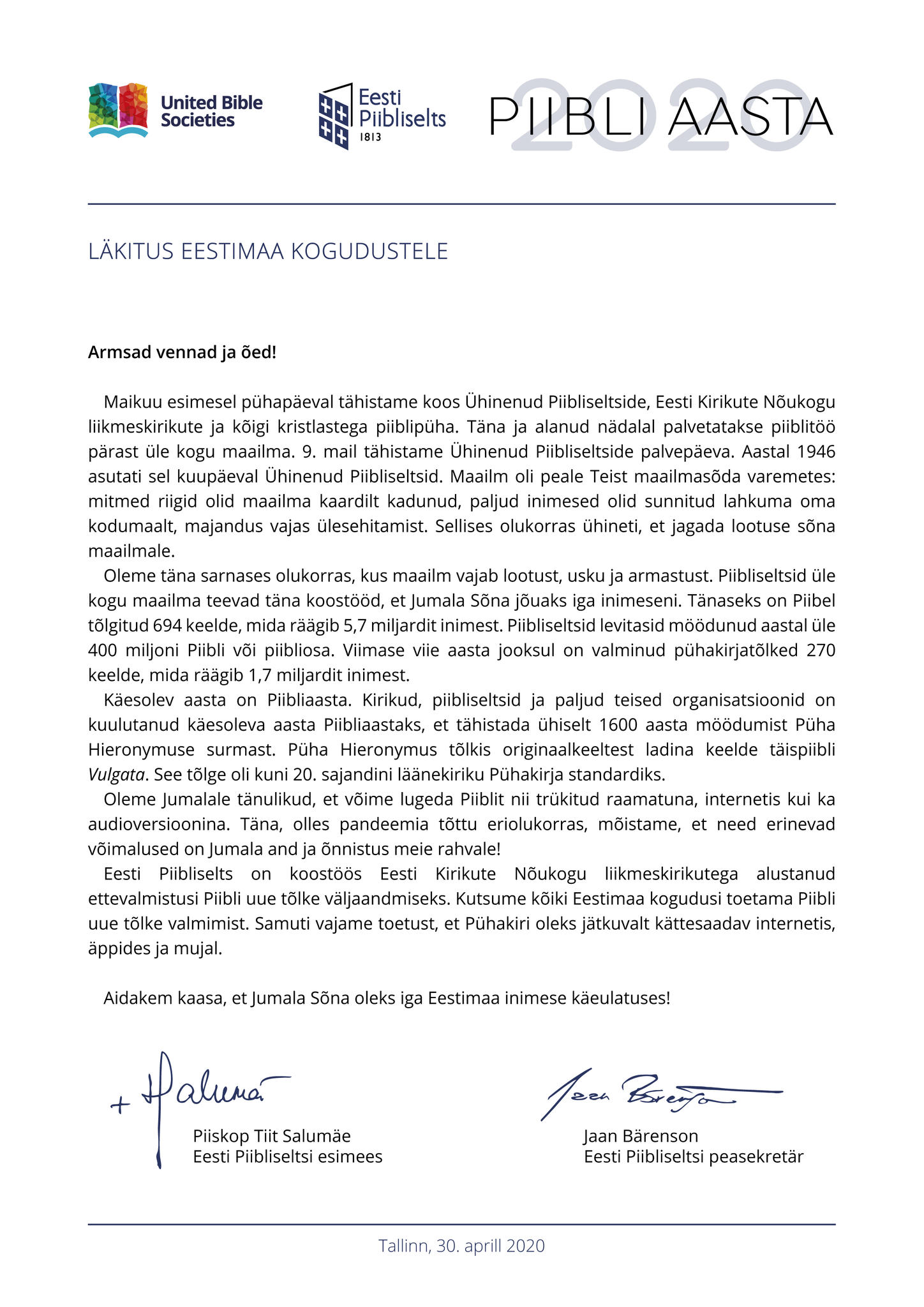 Eesti Piibliseltsi koduleht – Piiblipüha läkitus kogudustele Eestis